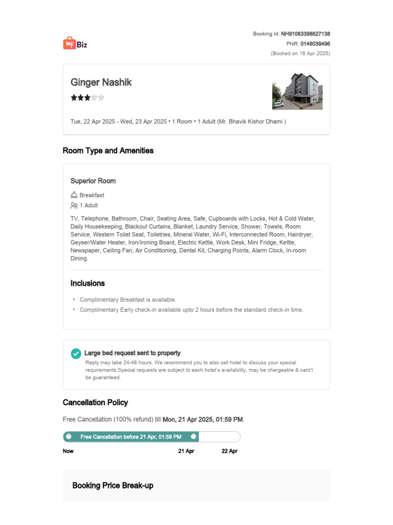 Ginger Nashik Booking Details & Policies | PDF | Fee