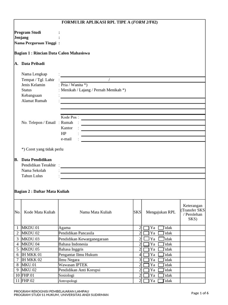 Formulir Mahasiswa RPL | PDF
