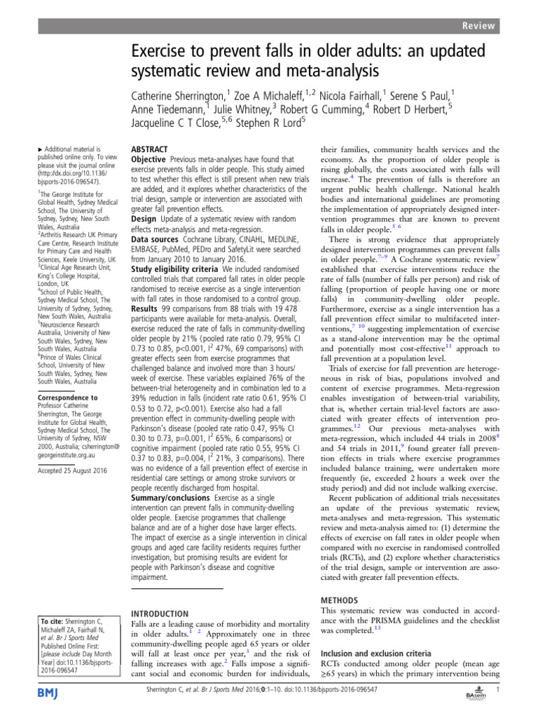 Exercise Reduces Falls in Older Adults | PDF | Systematic Review | Meta ...