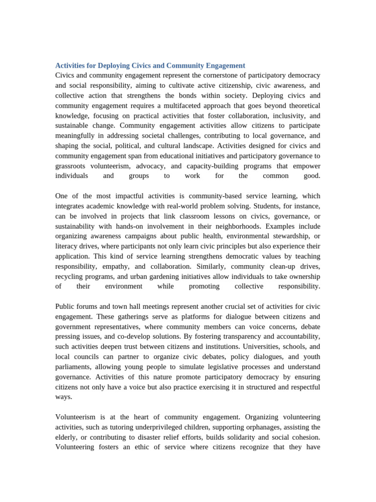 Civic Engagement Activities Overview | PDF | Governance | Volunteering