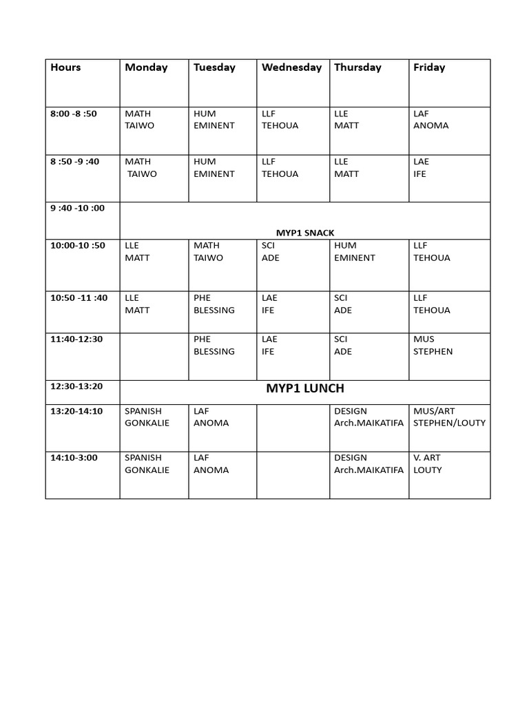 Weekly Class Schedule Overview | PDF