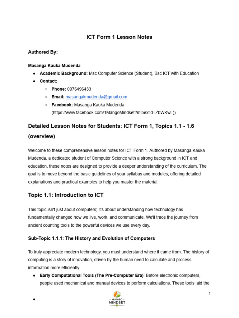 Form1 ICT Lesson Notes-MangoMindset Extracted 08161100 | PDF