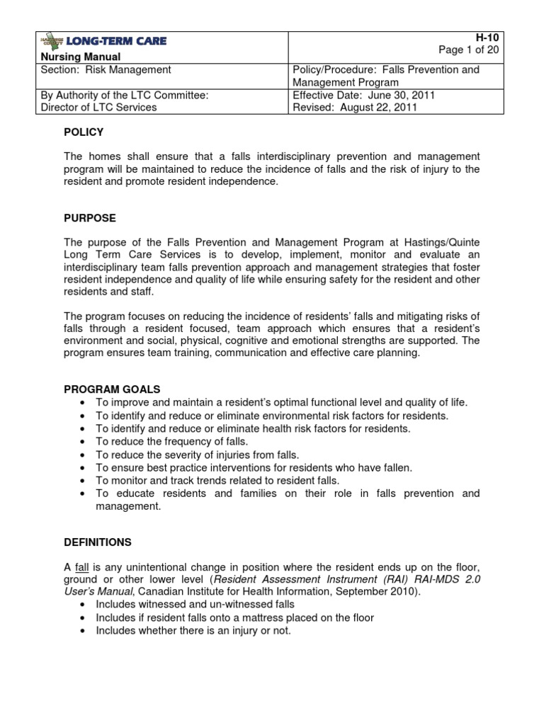 H-10 Falls Prevention and Management | PDF | Risk Management | Risk