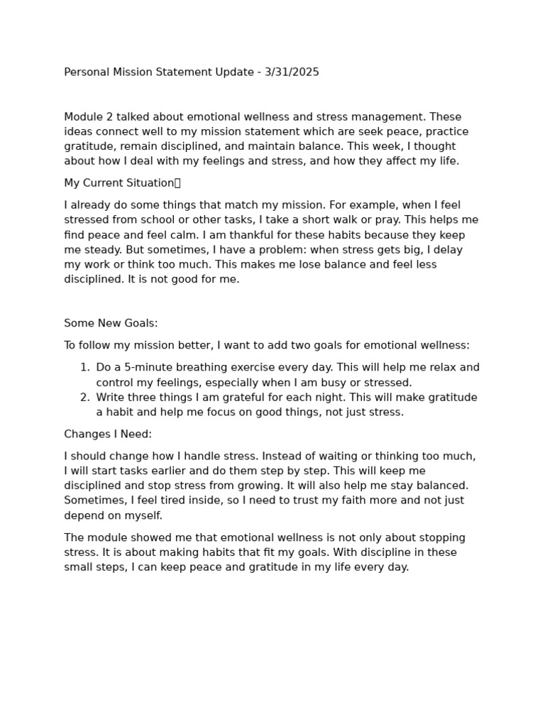 Personal Mission Statement Update | PDF | Gratitude | Emotions