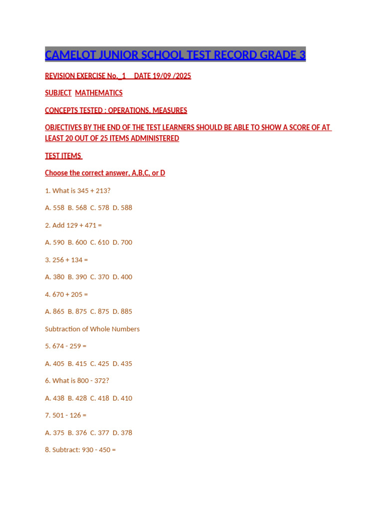 Grade 3 Math Test Record | PDF