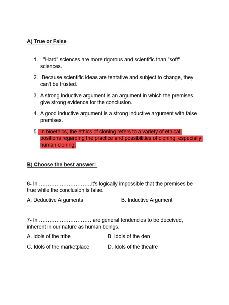 Science Argument and Ethics Quiz | PDF