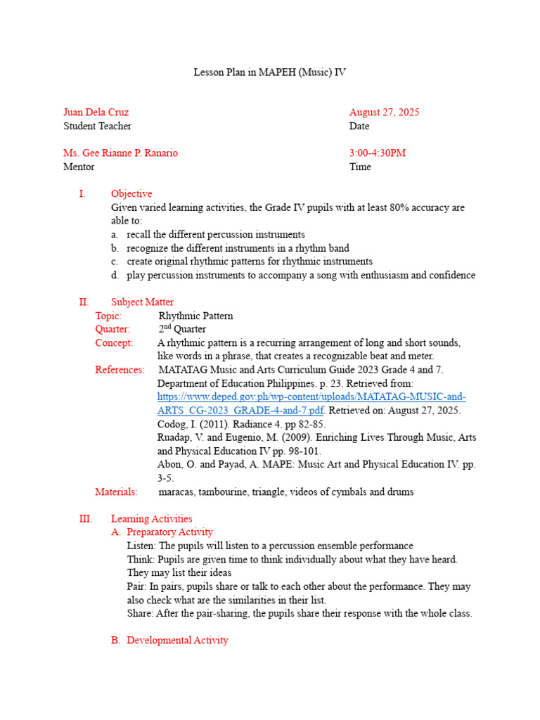 Grade 4 MAPEH Music Lesson Plan | PDF | Musical Instruments | Rhythm