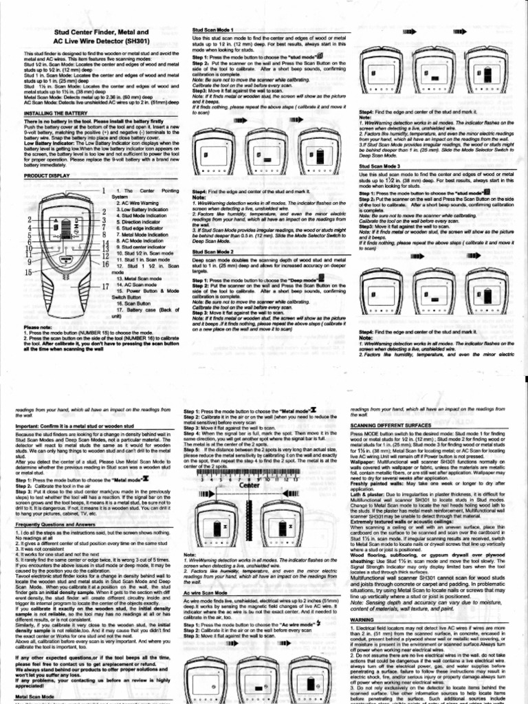 SH301 Stud Finder User Guide | PDF | Image Scanner | Wall