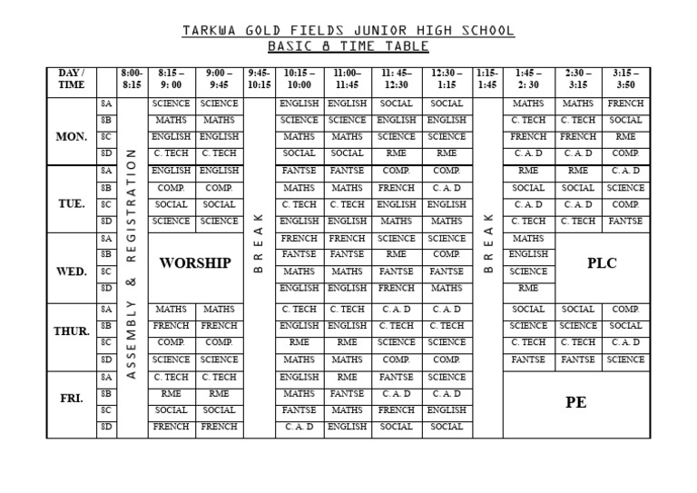 Tarkwa JHS Basic 8 Time Table | PDF