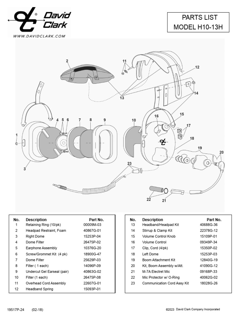 David Clark h10 13h Parts List | PDF