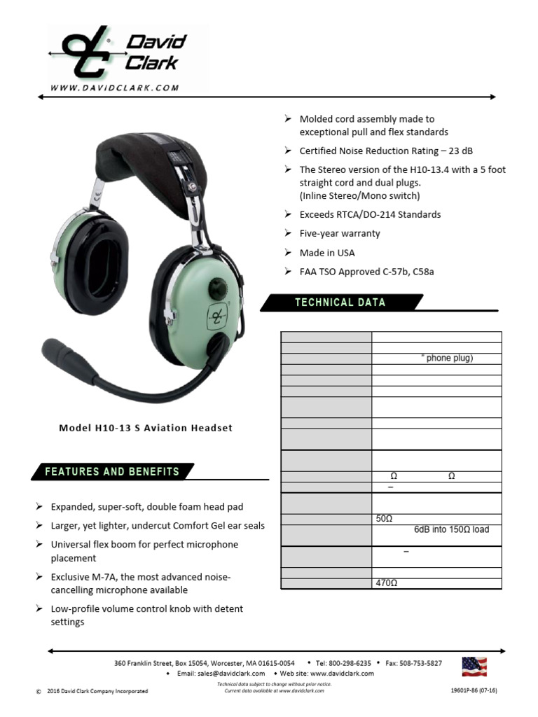 David Clark H10-13S Headset Specs | PDF | Headphones | Sound Production ...