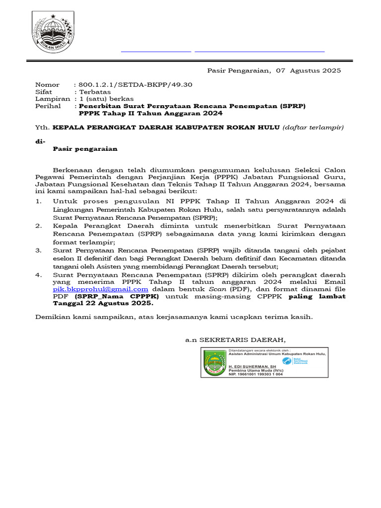 Penerbitan SPRP PPPK Rokan Hulu 2024 | PDF