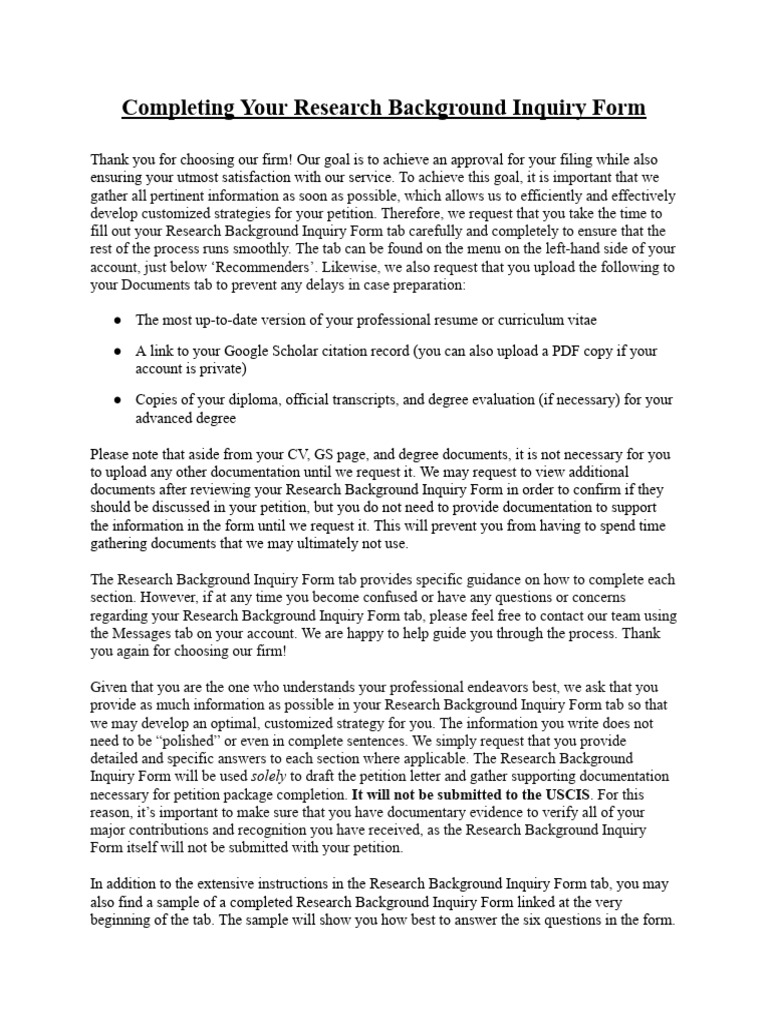 Research Background Inquiry Form Instructions | PDF