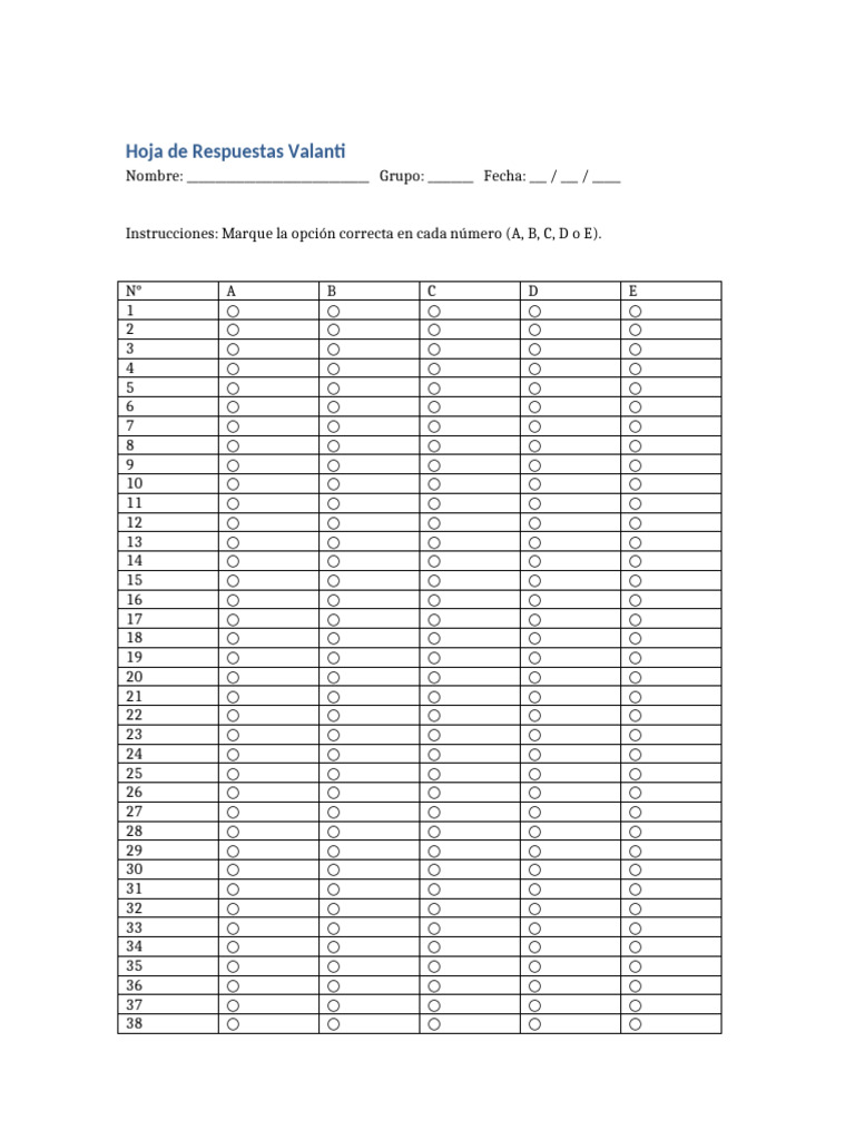 Hoja Respuestas Valanti 100 | PDF