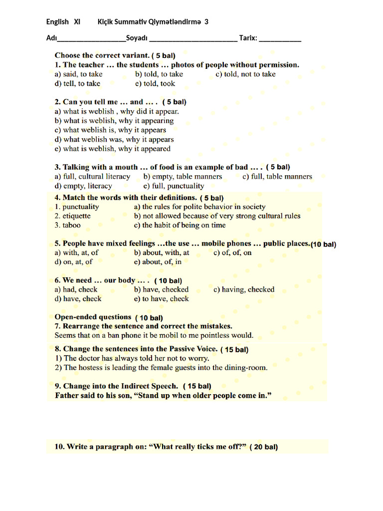 English XI Kiçik Summativ Qiymətləndirmə 3 | PDF