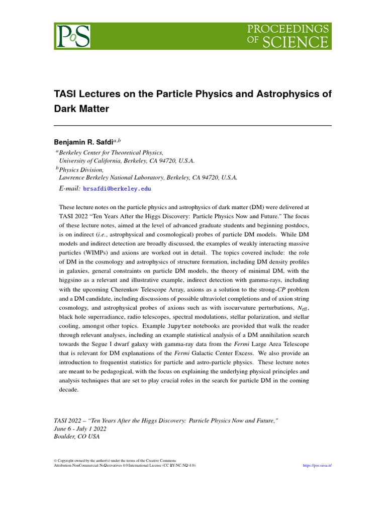 Particle Physics and Astrophysics of Dark Matter Lecture Notes | PDF ...