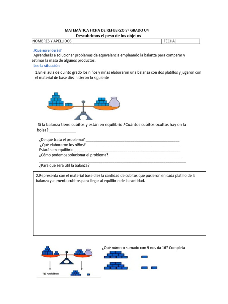 Refuerzo de Matematica - Descubrimos El Peso de Los Objetos U4 | PDF ...