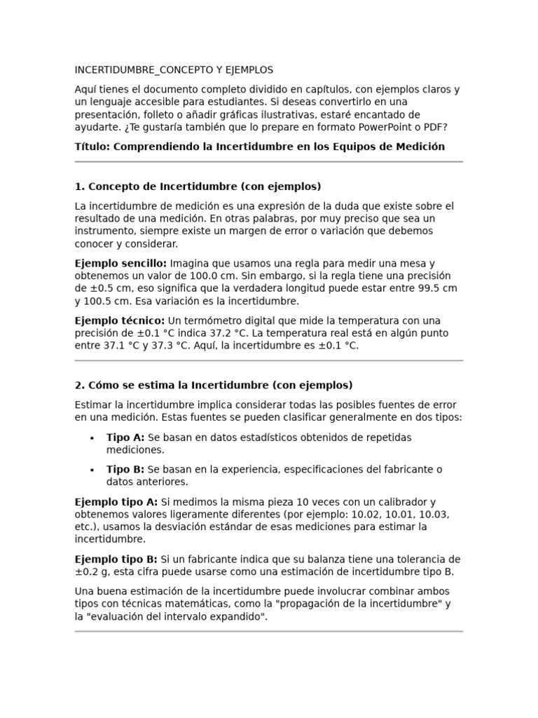Ejemplos y Concepto de Incertidumbre | PDF | Metrología | Medición