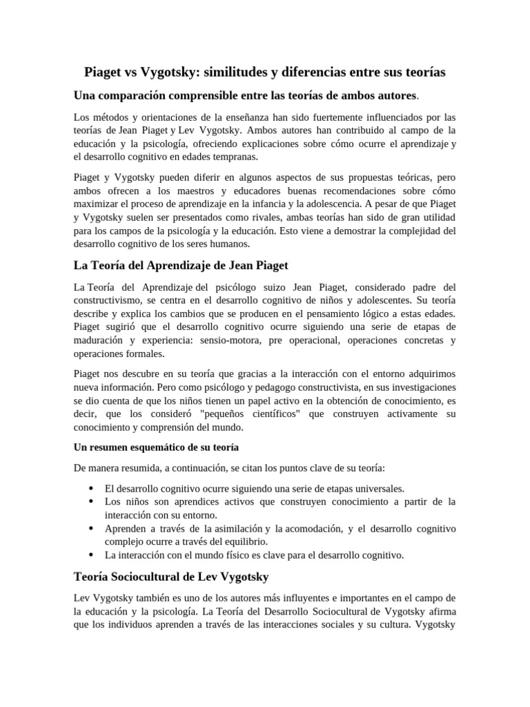 Piaget Vs Vygotsky | PDF | Constructivismo (filosofía de la educación) | Desarrollo cognitivo