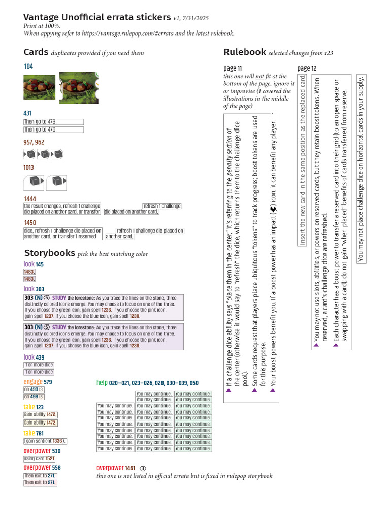 Vantage Errata Stickers v1 | PDF | Tabletop Games | Gaming