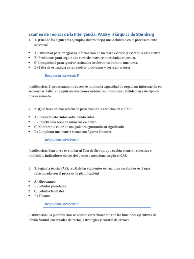 Examen COMPLETO Teoria PASS y Sternberg | PDF | Inteligencia | Atención