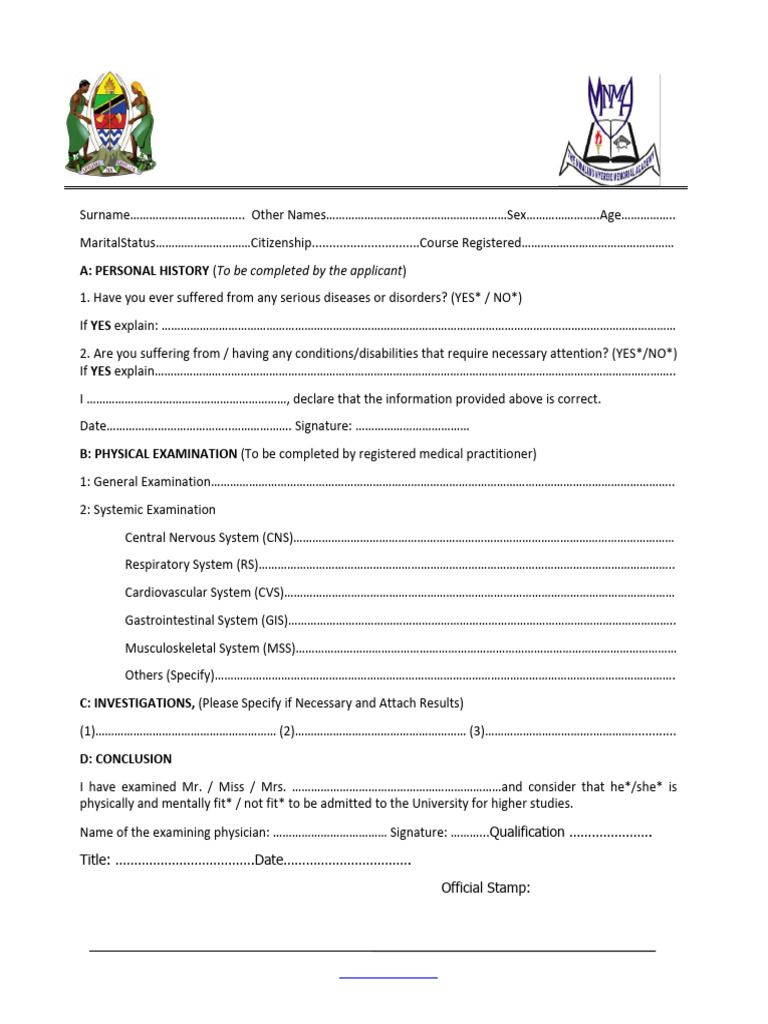 2025 Sep Tue Medical Exam Form Revised 2 | PDF
