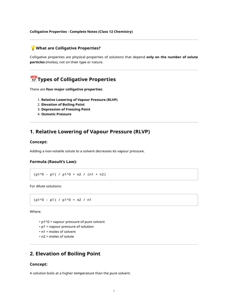 Colligative Properties Notes | PDF | Analytical Chemistry | Physical ...