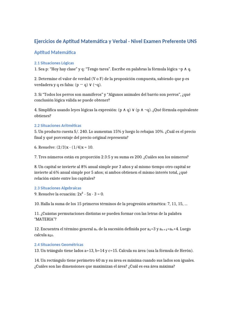 Ejercicios de Aptitud Matemática y Verbal UNS | PDF | Proposición ...