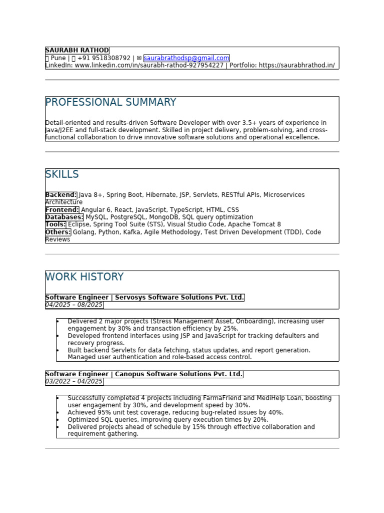 Saurabh CV090925 | PDF | Java (Programming Language) | Software