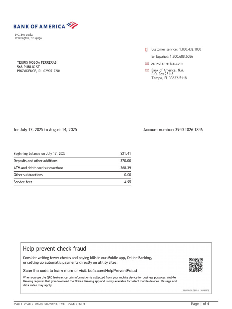 Bank of America Account Statement Summary | PDF | Banks | Deposit Account