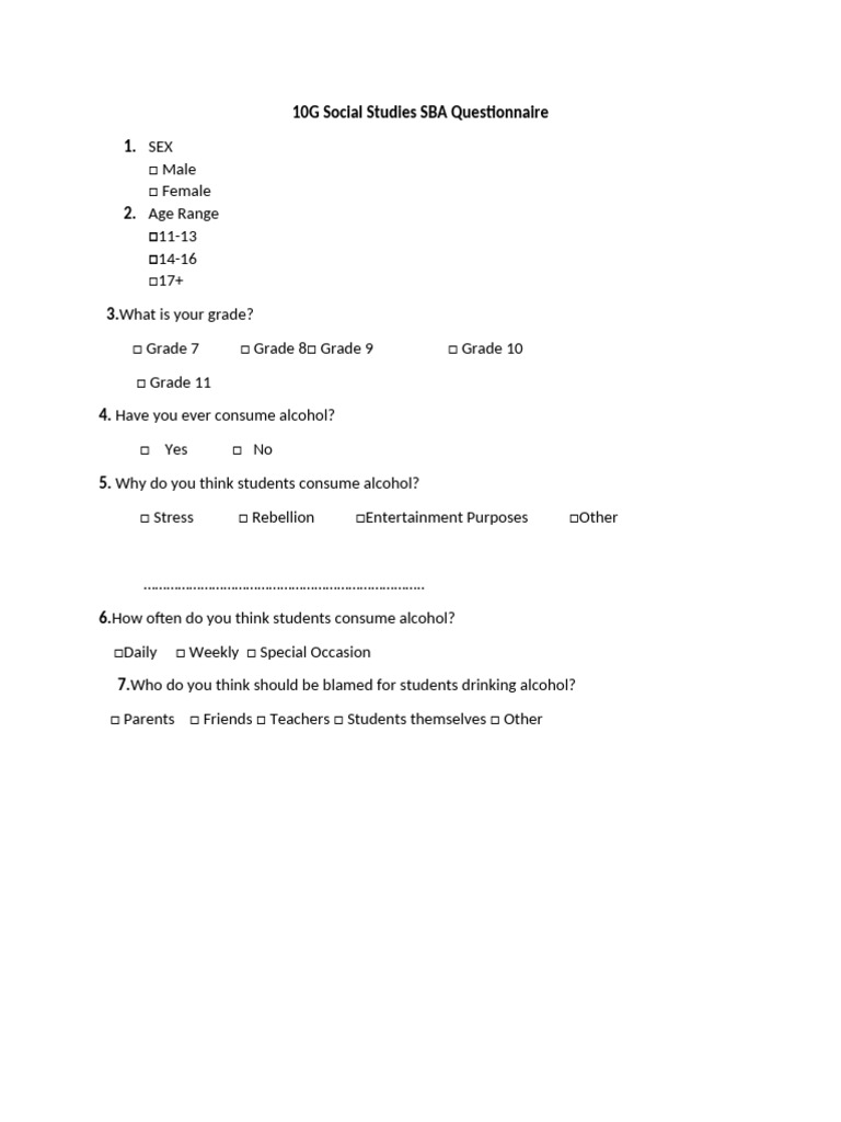 10G Social Studies SBA Questionnaire | PDF