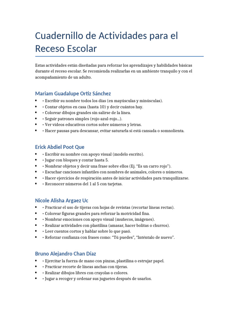 Actividades Educativas para Receso Escolar | PDF
