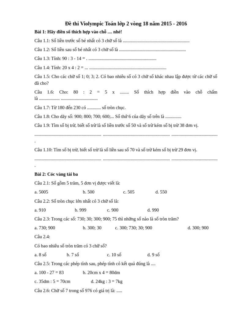 De Thi Violympic Toan Lop 2 Vong 18 Nam 2015 2016 | PDF