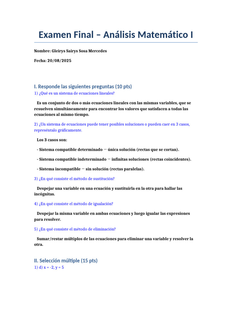 Examen Final Analisis Matematico I FORMATO | PDF | Sistema de ecuaciones lineales | Ecuaciones