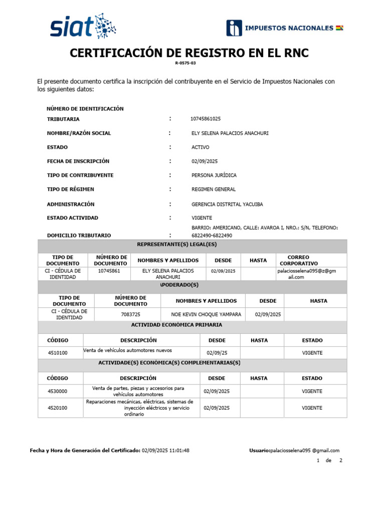 Certificación RNC ELY SELENA PALACIOS | PDF