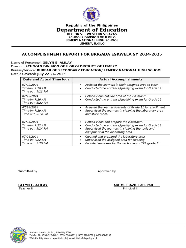 Accomplishment Report Brigada 2024 2025 Gelyn | PDF | Educational Stages