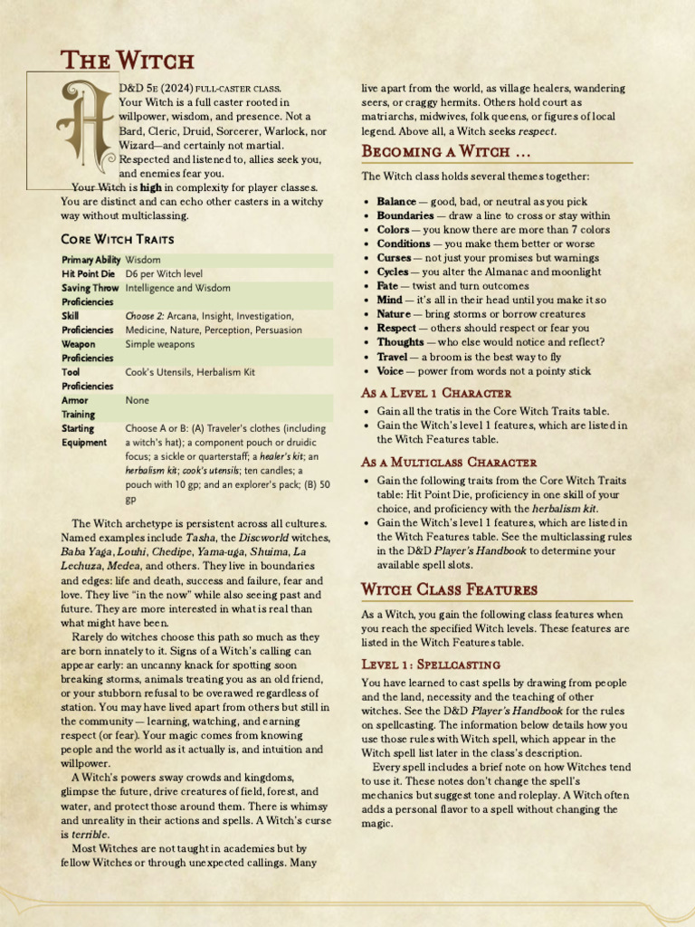 D&D 5e Witch Class Overview | PDF | Witchcraft