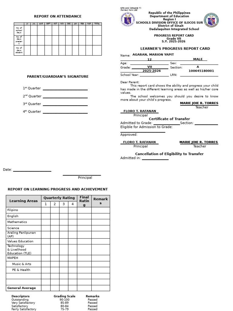 Grade 7 Progress Report Card 2025-2026 | PDF | Philippines