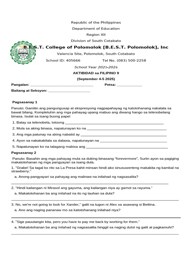 Grade 9 Filipino Activities | PDF