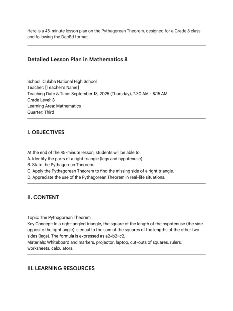 Pythagorean Theorem Lesson Plan | PDF | Euclidean Plane Geometry ...