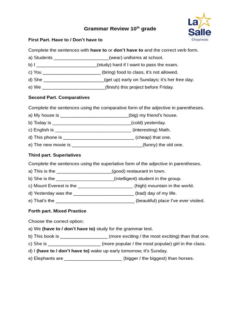 10th Grade Grammar Review Exercises | PDF