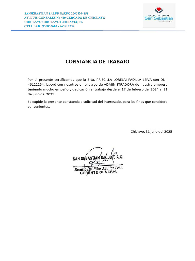 Constancia de Trabajo - Priscilla Padilla | PDF