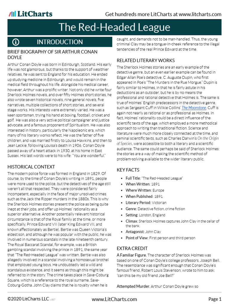 The Red Headed League LitChart | PDF | The Red Headed League | Sherlock ...