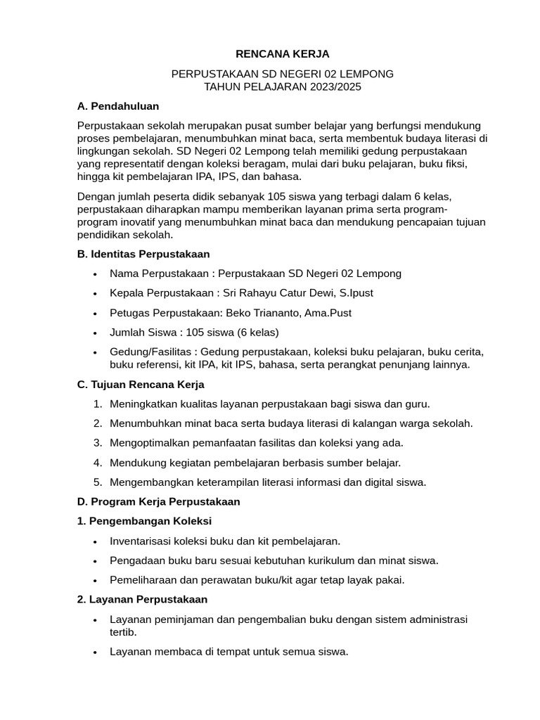 RENCANA KERJA Perpustakaan | PDF
