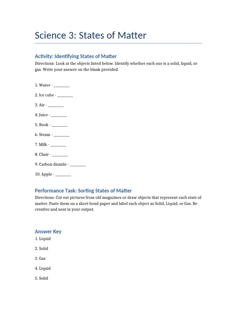 States of Matter Activity Answer Key | PDF