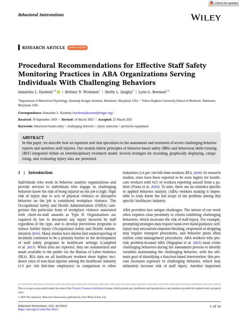 Staff Safety Monitoring in ABA Settings | PDF | Occupational Safety And ...