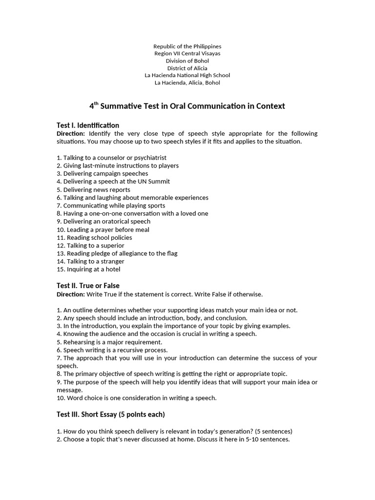 4th Summative Test: Oral Communication Skills | PDF
