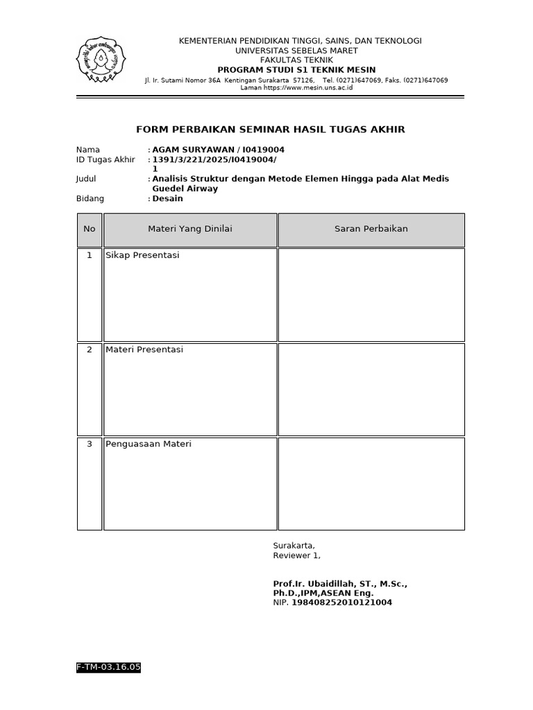 Form Perbaikan Semhas | PDF