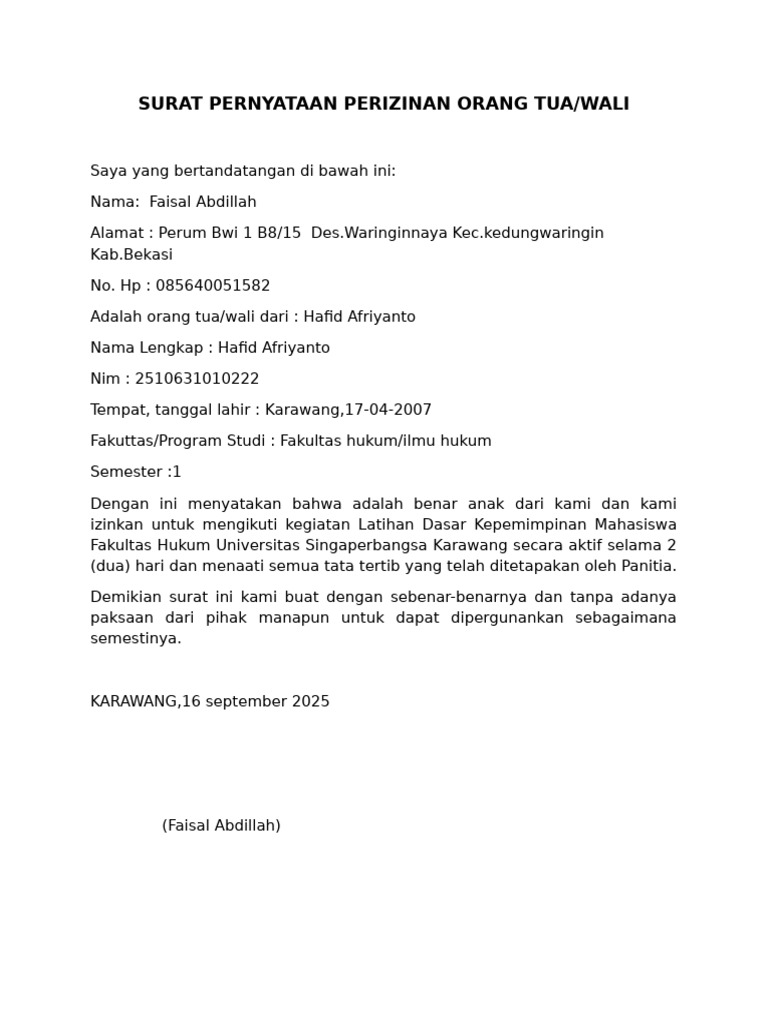 Surat Pernyataan Perizinan Orang Tua Hafid | PDF