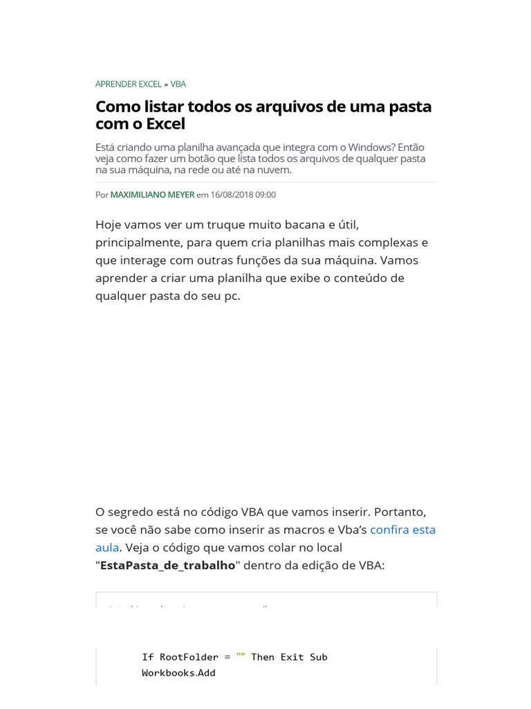 Listar Arquivos de Pasta no Excel VBA | PDF | Macro (Ciência da ...